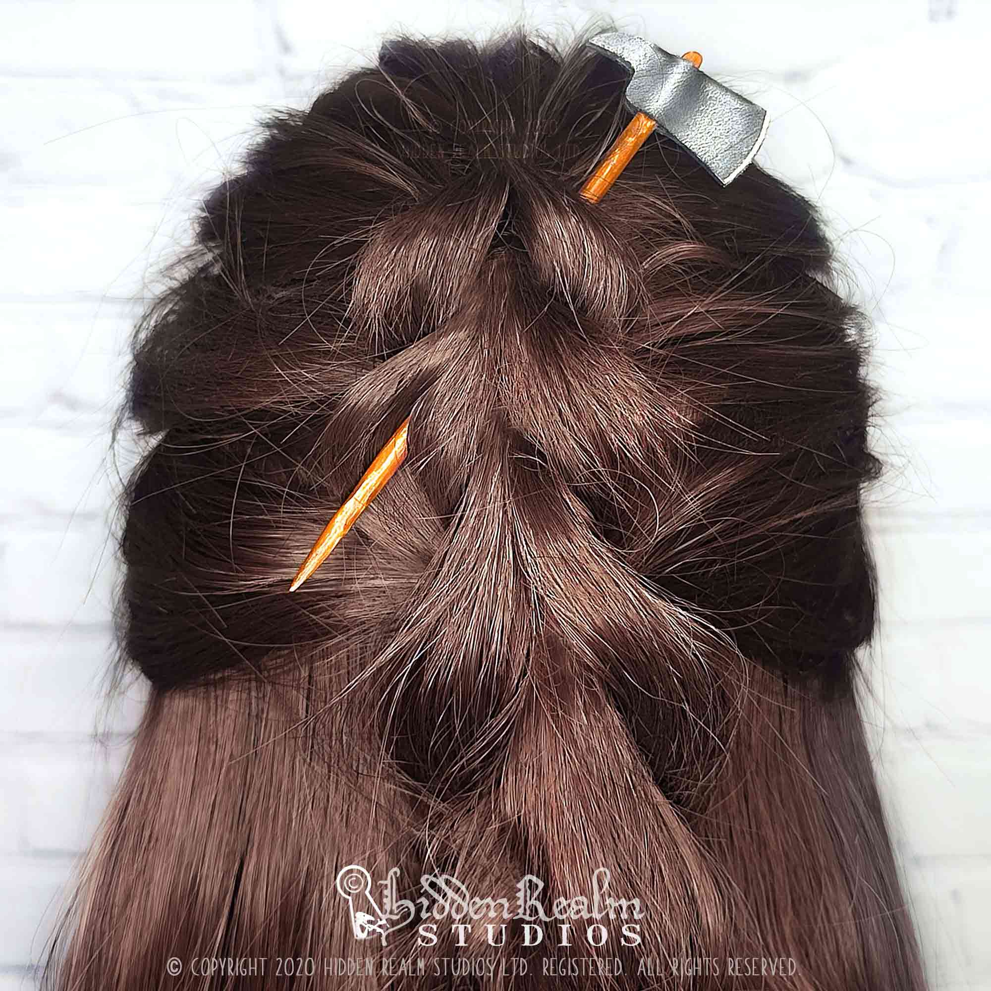 Hidden Realm Studios Ltd: Handmade Leather & Wood Pickpoint Axe Hairpin